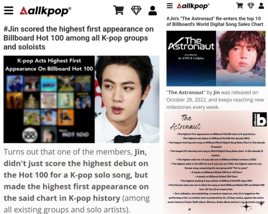 BTS Jin D Astronaut, Billboard World Digital Song Sales Top 6..11 Week Chart, - K-Pop News Insde FR